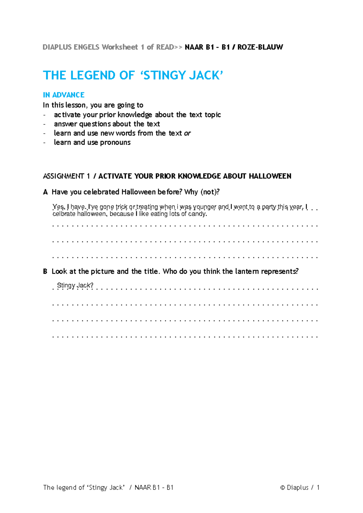 B1 The Legend of Stingy Jack - Worksheet (003) for Halloween Activities ...