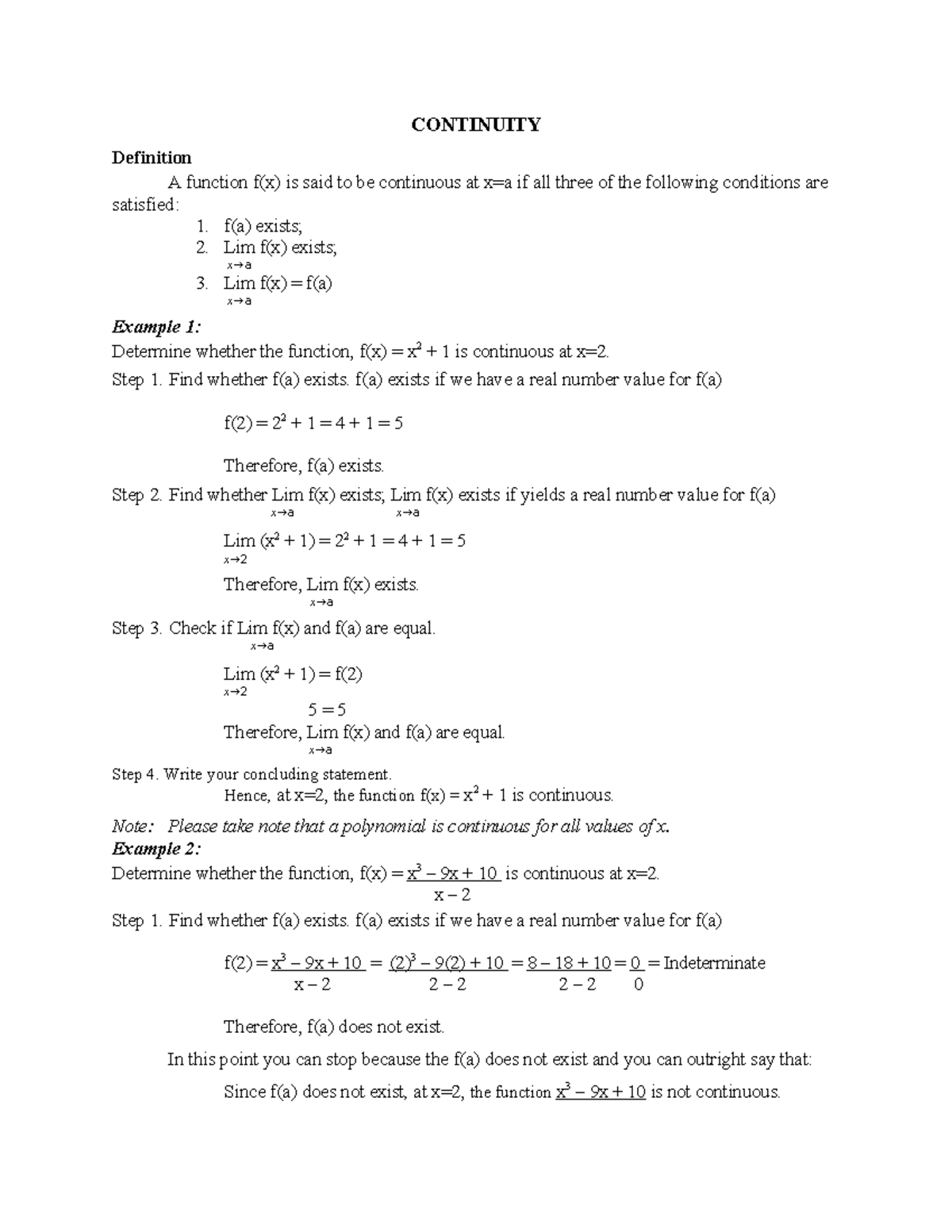 Continuity in Functions - Lecture Notes for Math 101 - Studocu