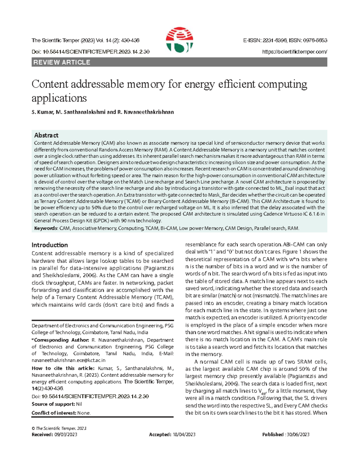 Content Addressable Memory (CAM) for Energy-Efficient Computing ...