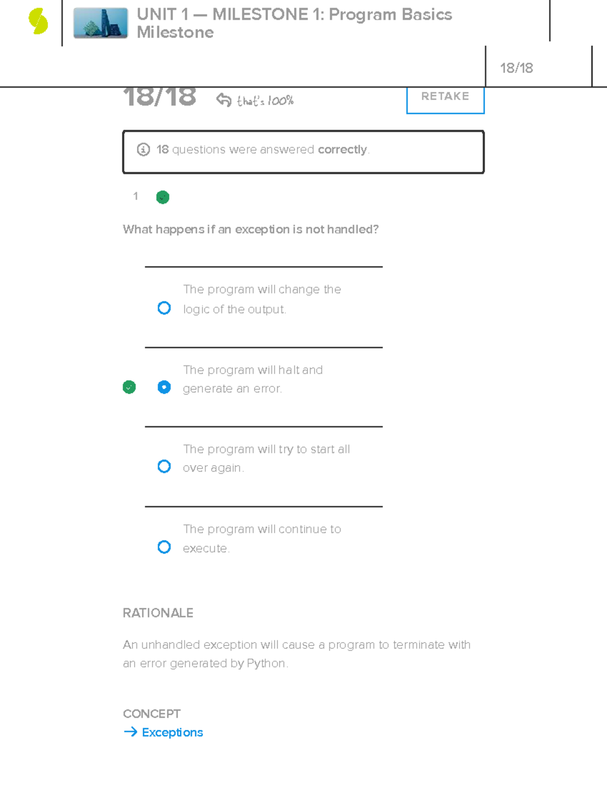 UNIT 1 MILESTONE 1: Program Basics Retake Questions and Answers - Studocu