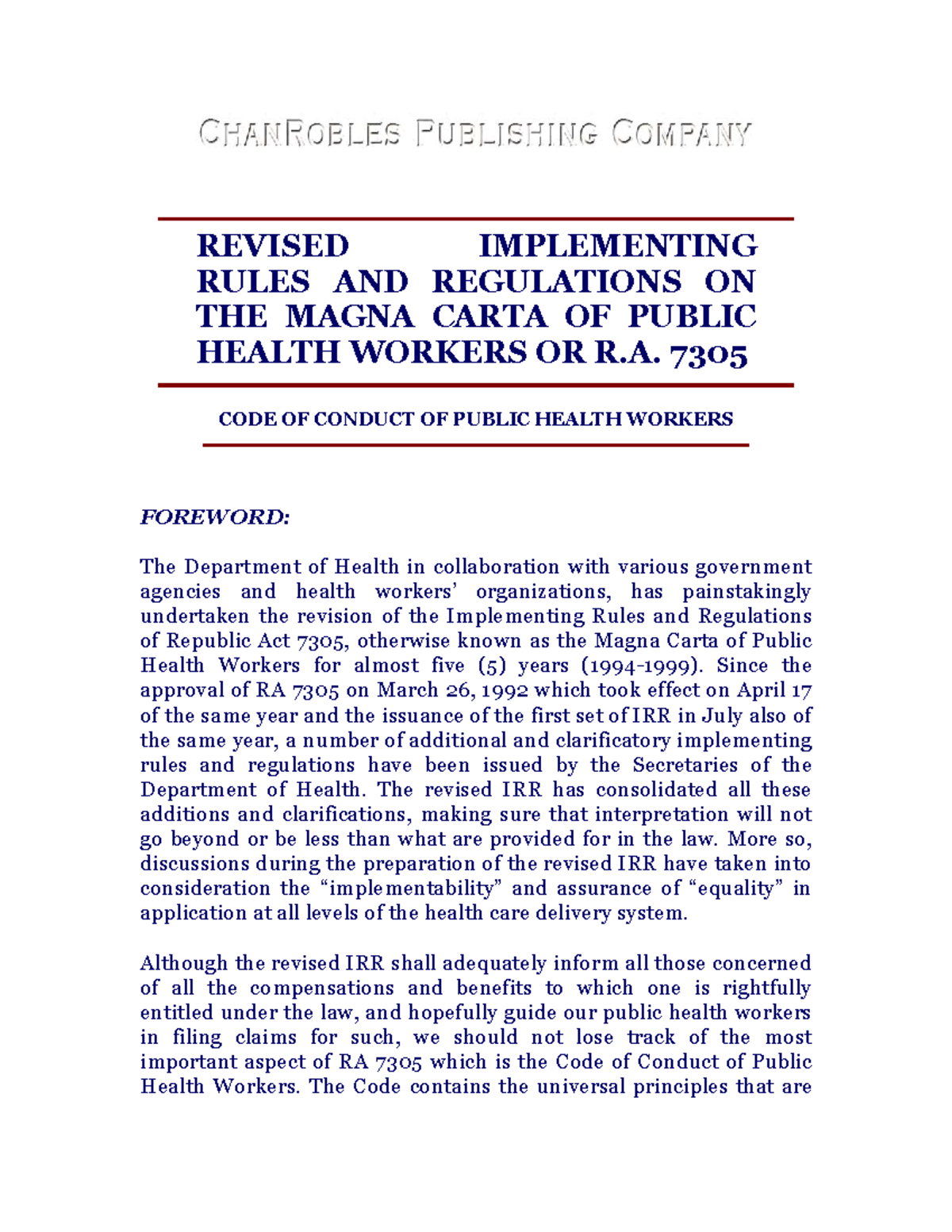 Revised Implementing Rules AND Regulations ON THE Magna Carta OF Public Health Workers OR R.A ...
