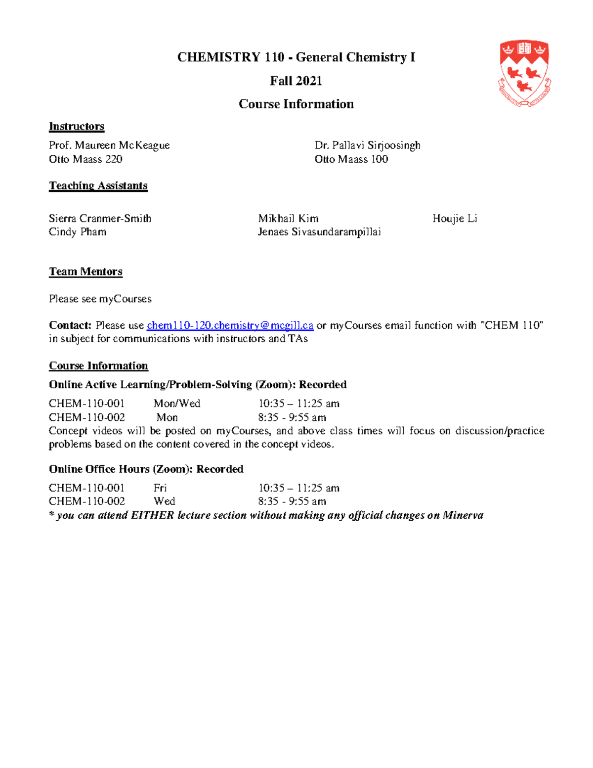 CHEM110 Course Syllabus - CHEMISTRY 110 - General Chemistry I Fall 2021 ...