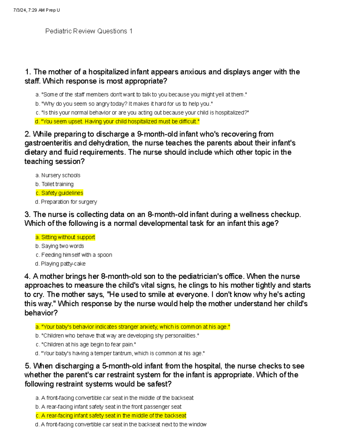 PedsPractice1: Pediatric Review Questions for Infant Care - Studocu