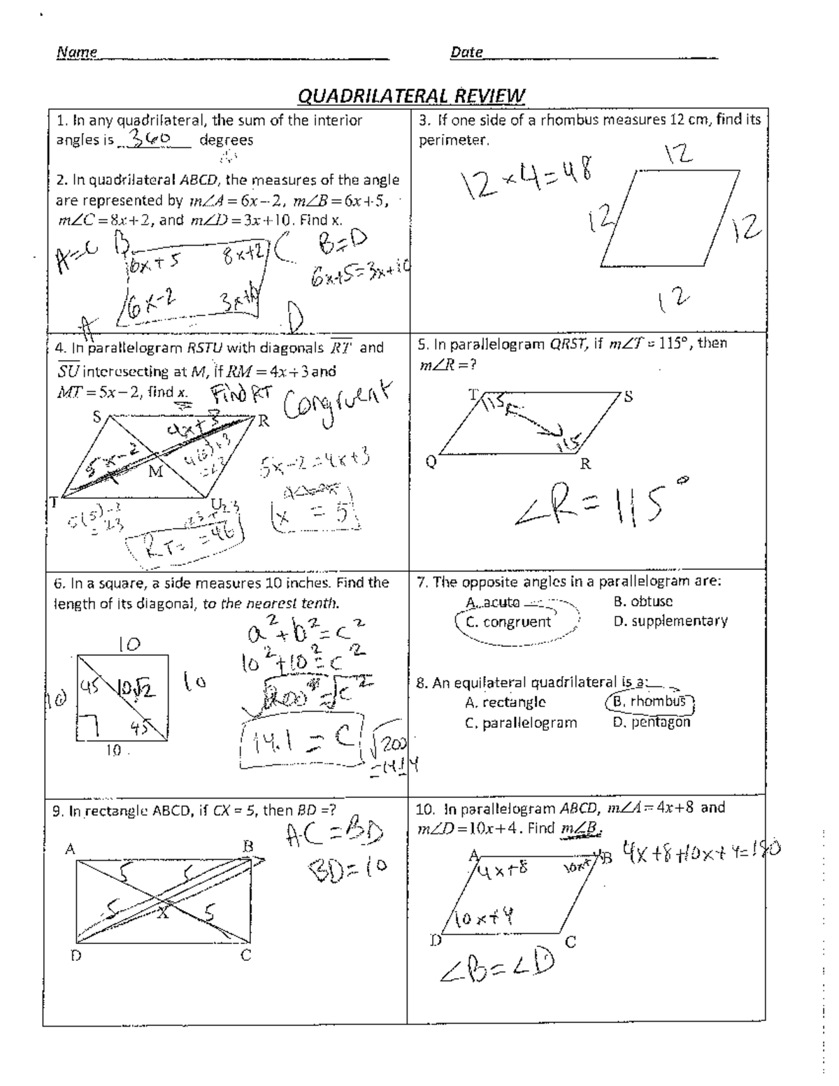 Unit 5 Review: Quadrilaterals and Their Properties - Studocu