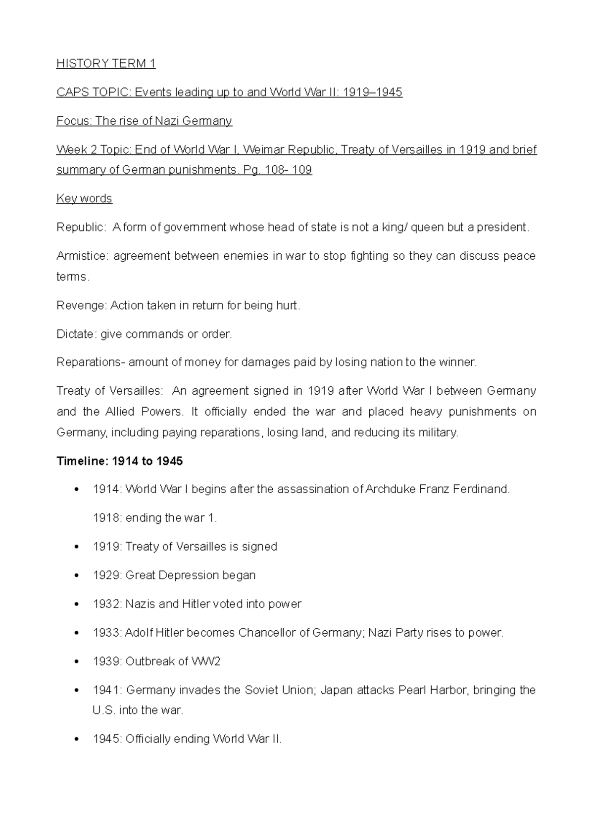 Grade 9 History Term 1 Notes: Events Leading to WWII and Nazi Rise ...