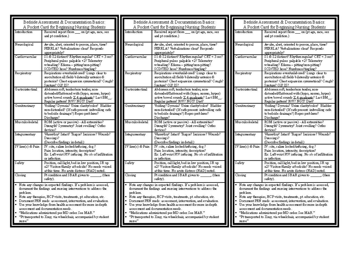 Bedside Assessment Pocket Card - Bedside Assessment & Documentation ...