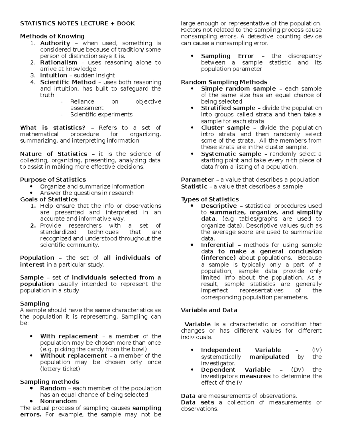 Intro to Psychological Statistics (lecture notes) - STATISTICS NOTES ...