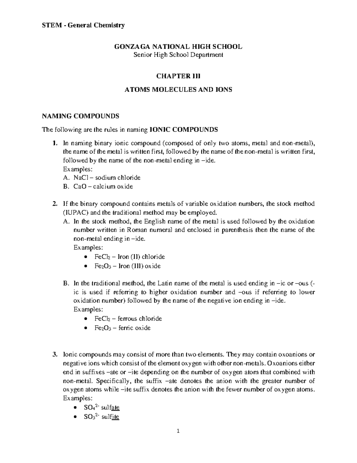 STEM General Chemistry GONZAGA NATIONAL HIGH SCHOOL CHAPTER: Naming ...
