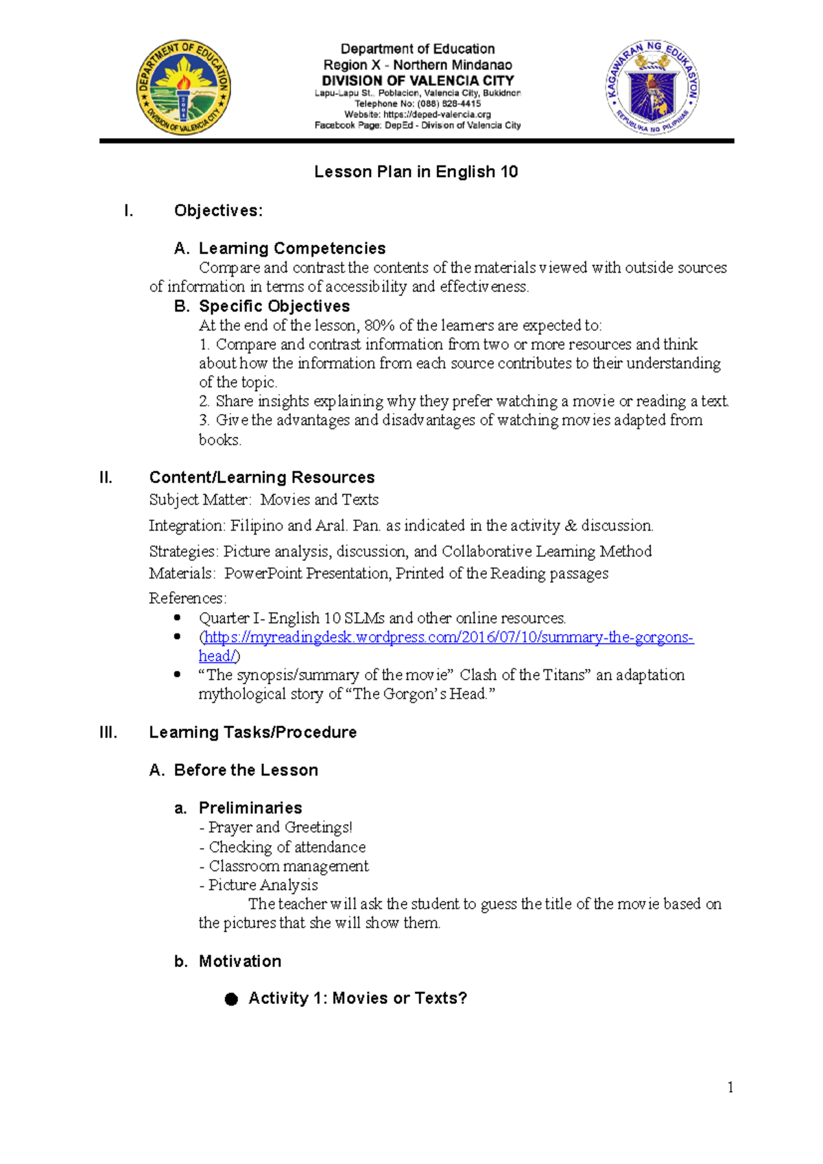 Movies and Texts Lesson Plan - English 10 Q1 Week 7 - Studocu