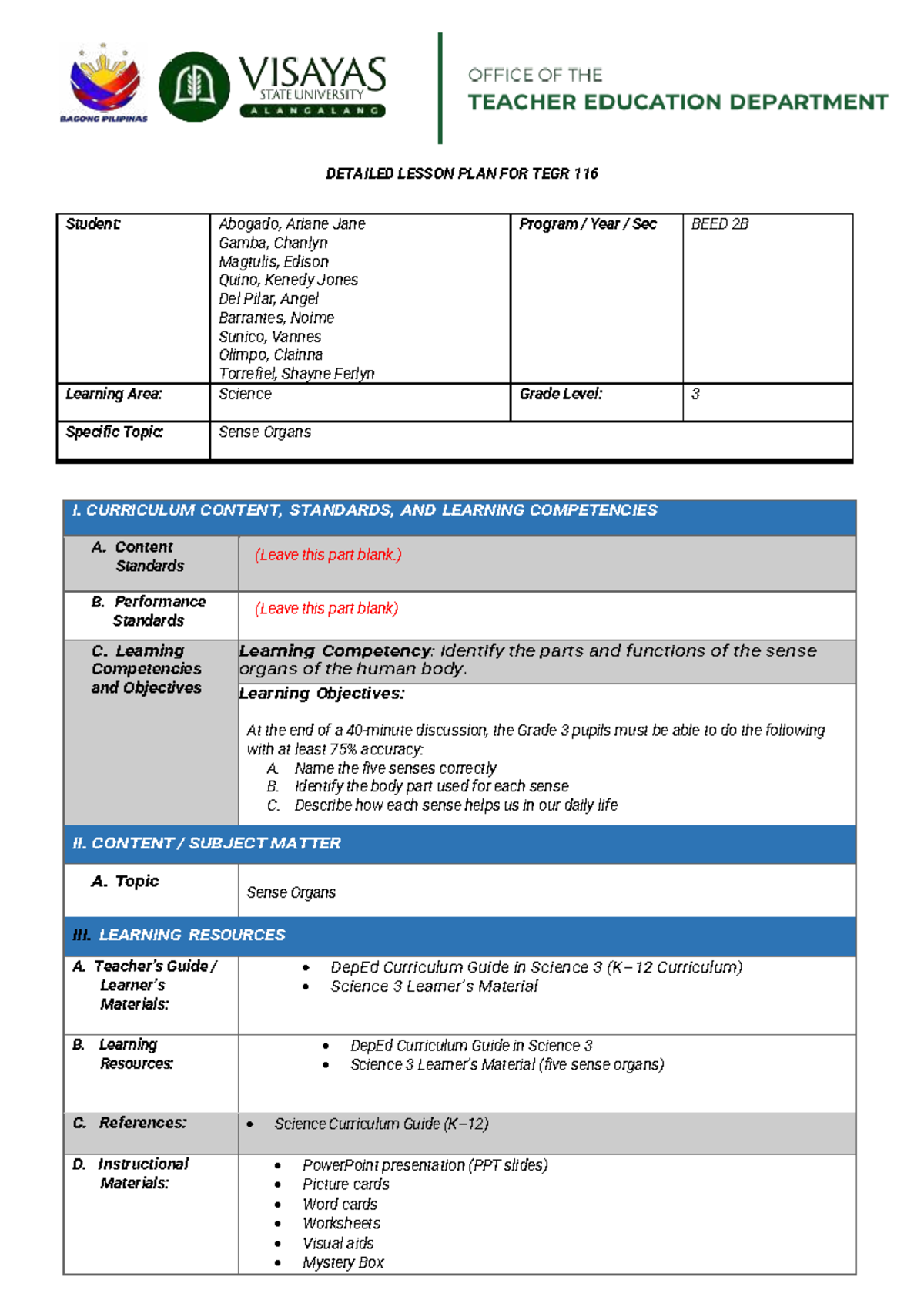 DETAILED LESSON PLAN ON SENSE ORGANS FOR TEGR 116 - BEED 2B - Studocu