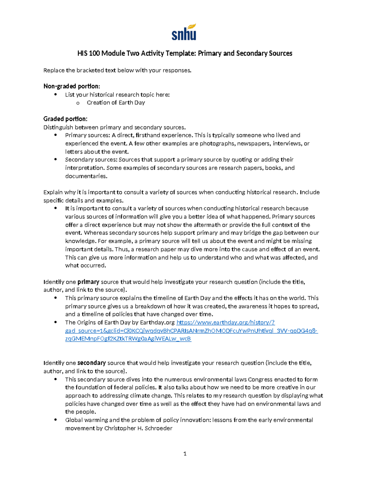HIS 100 Module Two Activity: Primary vs. Secondary Sources Analysis ...