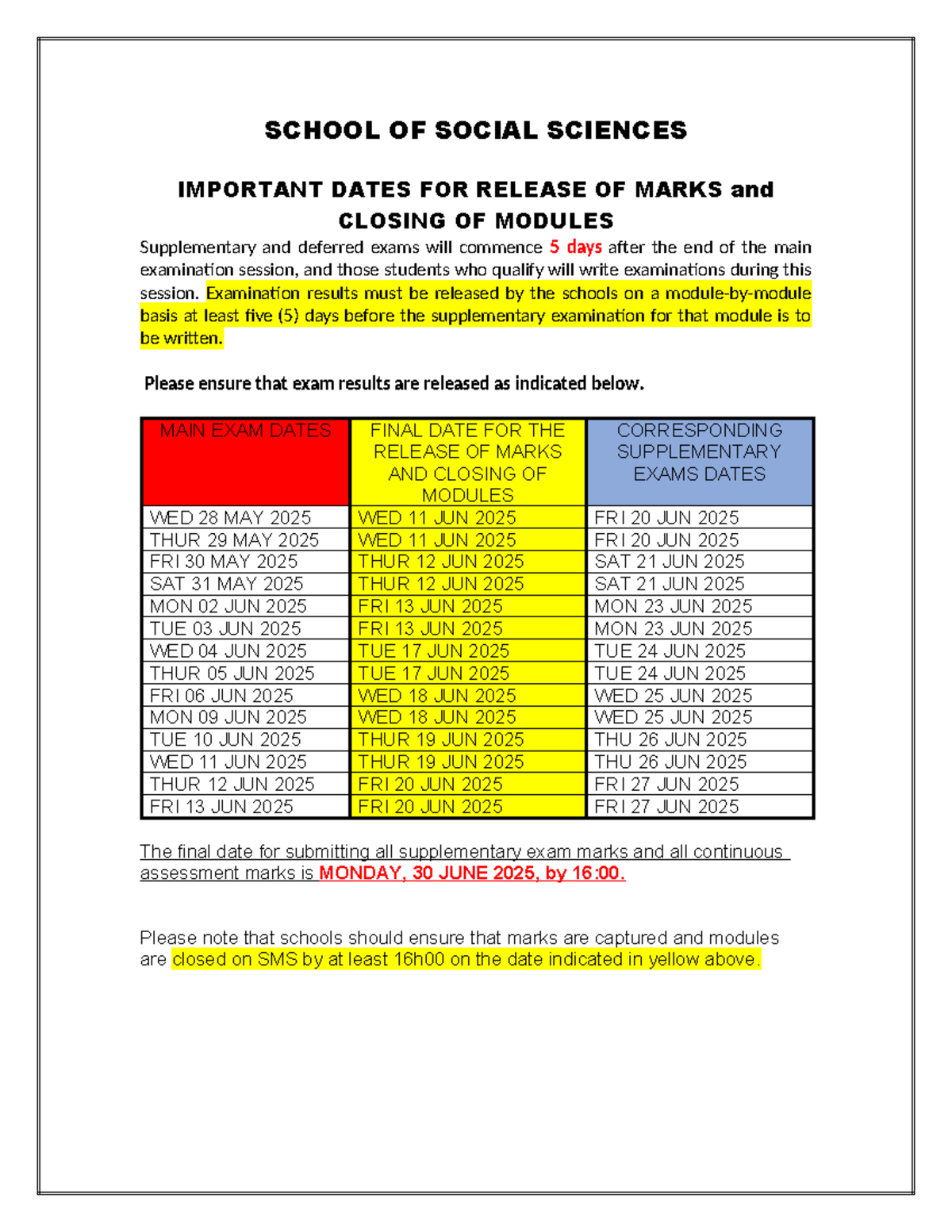 SCHOOL OF SOCIAL SCIENCES Exam Release Dates & Module Closures - June ...