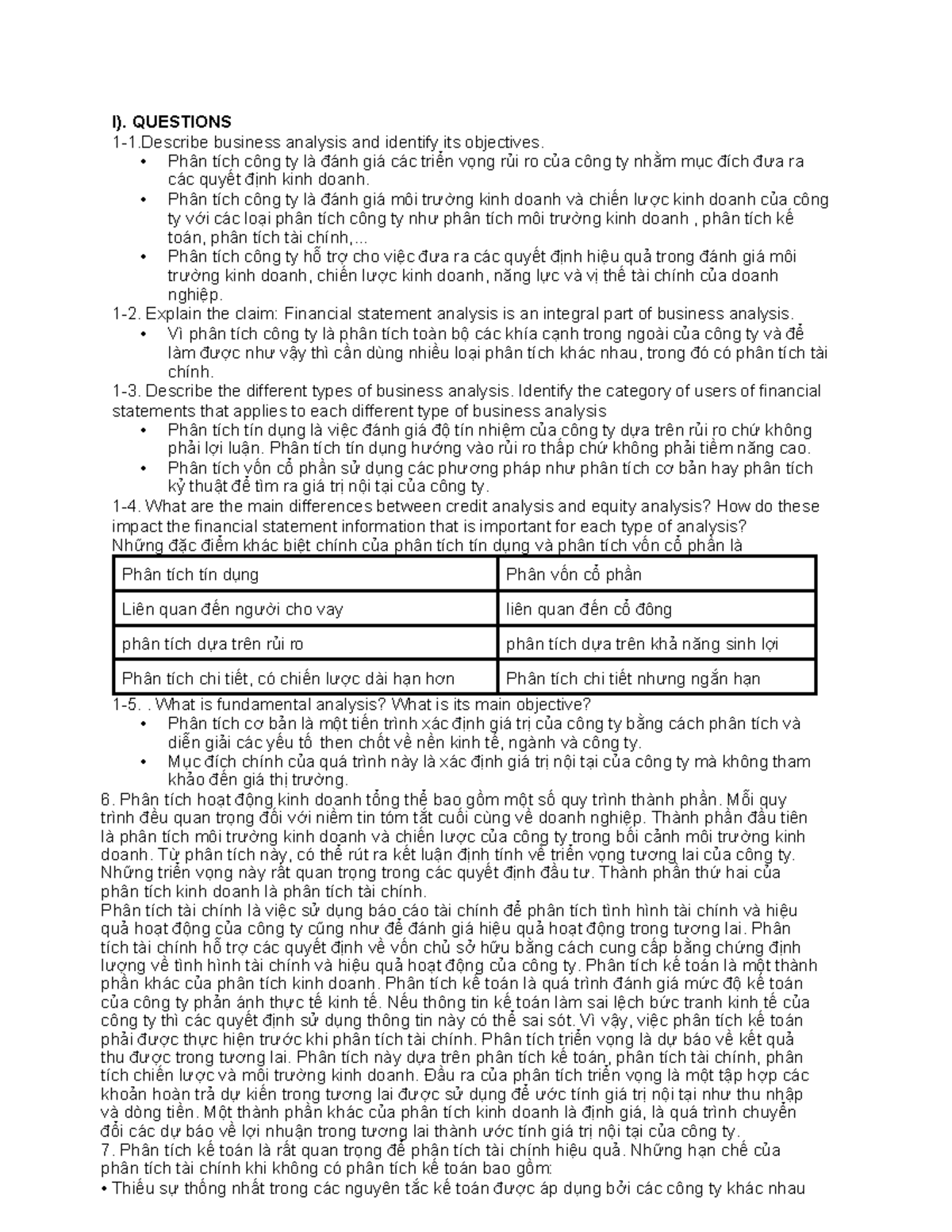 BT Phân tích tài chính Chương 01 - I). QUESTIONS 1-1 business analysis ...