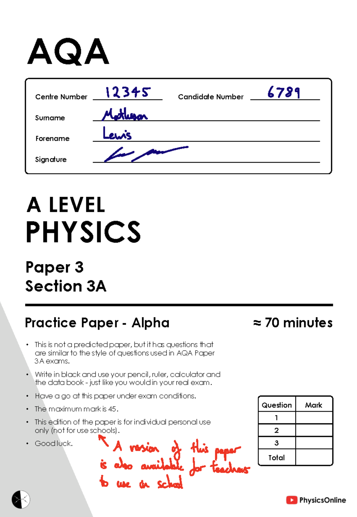 AQA A LEVEL PHYSICS Paper 3A Practice Paper Alpha Solutions - Studocu