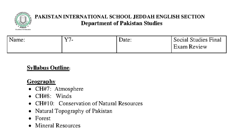 Pakistan Studies 121333 Final Exam Review: Geography & Resources - Studocu