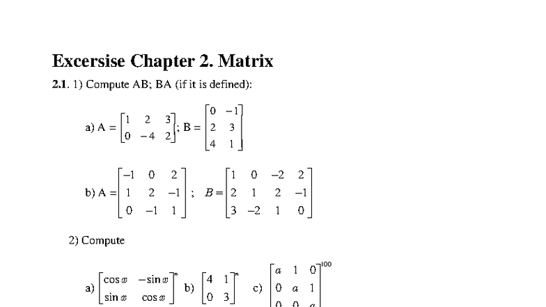 Exercise Chapter 1: Matrix Calculations and Properties - Studocu
