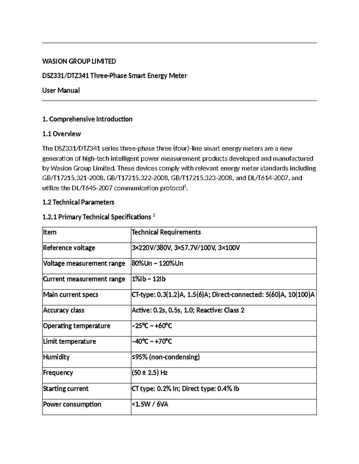 WASION GROUP LIMITED Smart Energy Meter User Manual - Overview & Specs ...