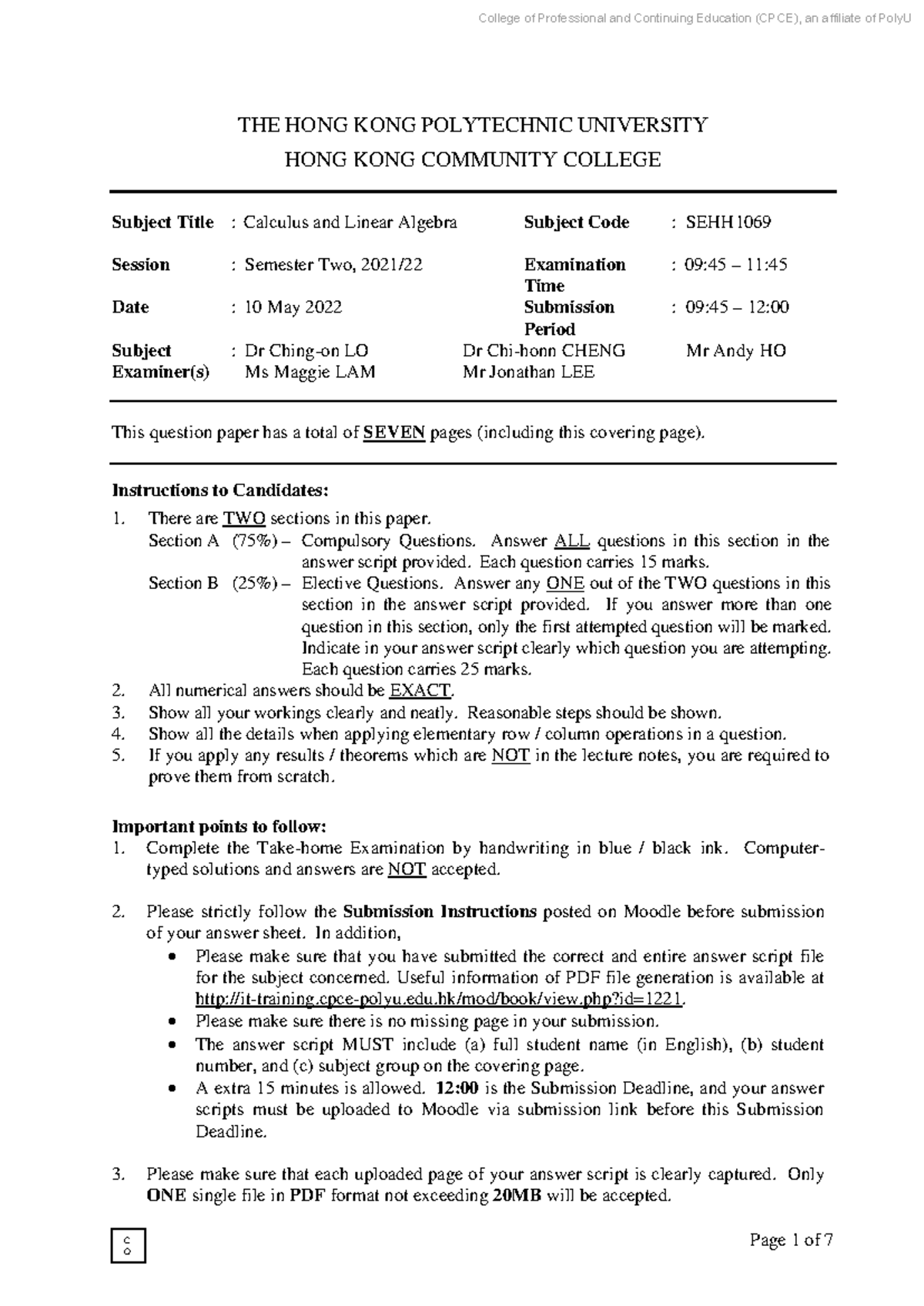 SEHH1069 - Calculus and Linear Algebra Final Exam Paper - Studocu