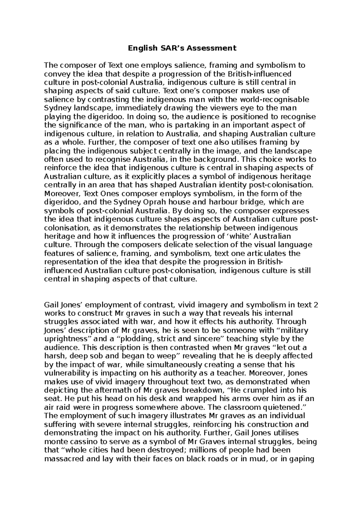 English SAR typed V1 - Short answer response - English SAR’s Assessment ...