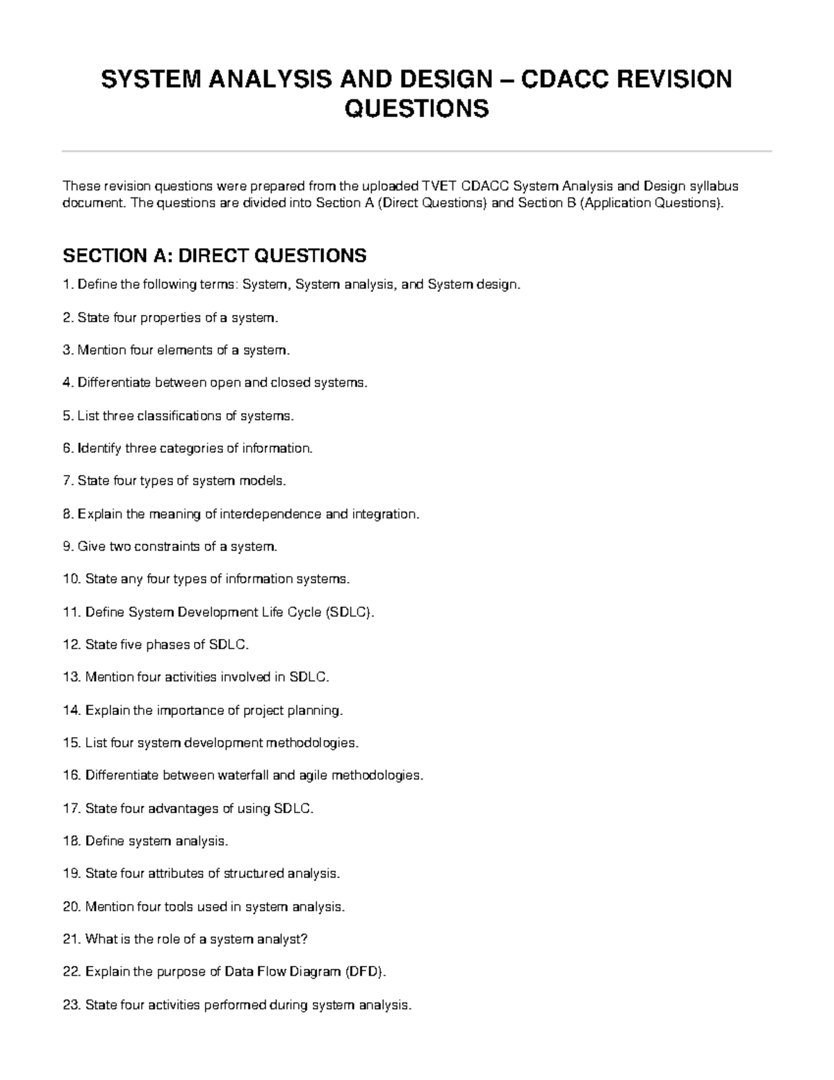 CDACC System Analysis and Design Revision Questions - Studocu