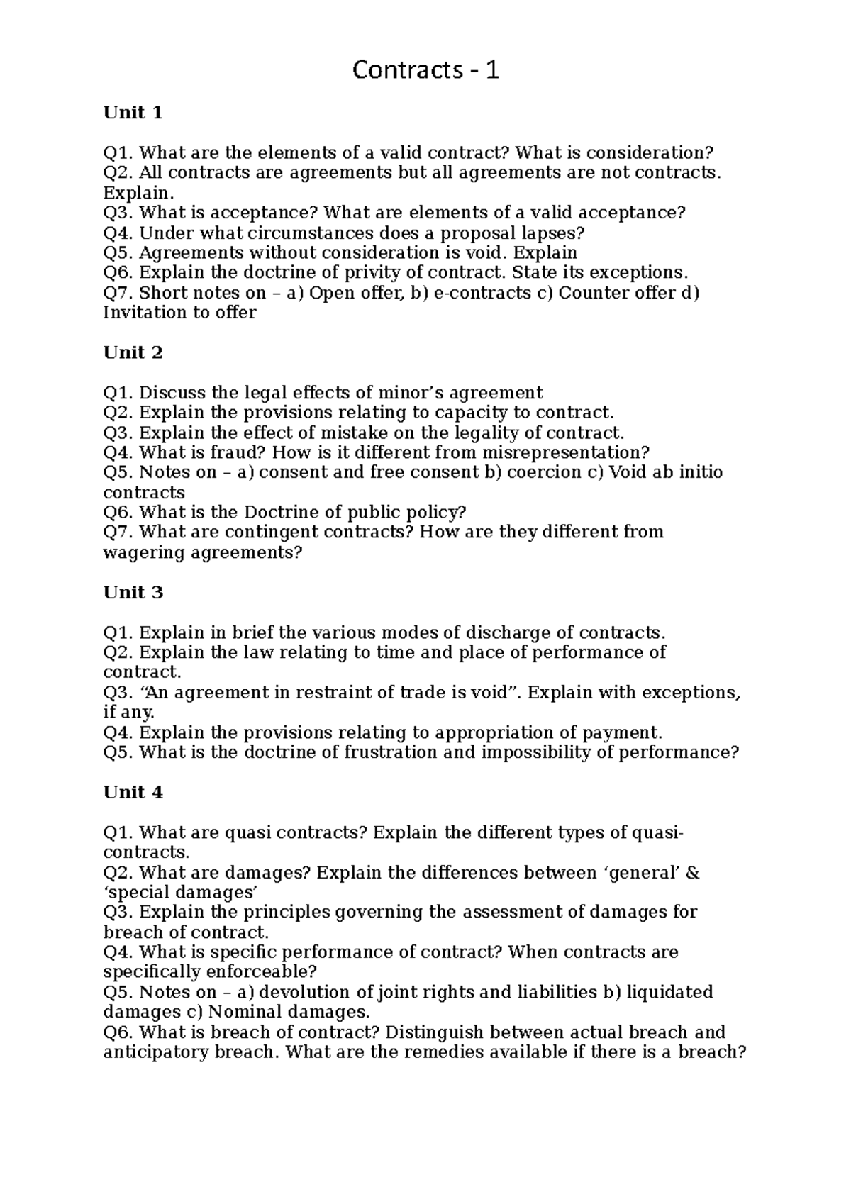 Contracts - 1: Comprehensive Question Bank for Exam Preparation - Studocu