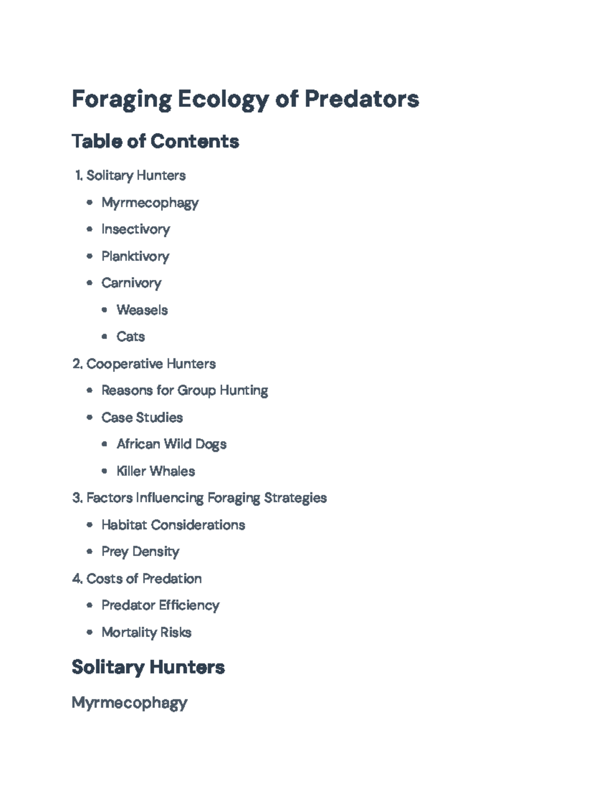 Foraging Ecology of Solitary & Cooperative Predators: Strategies ...
