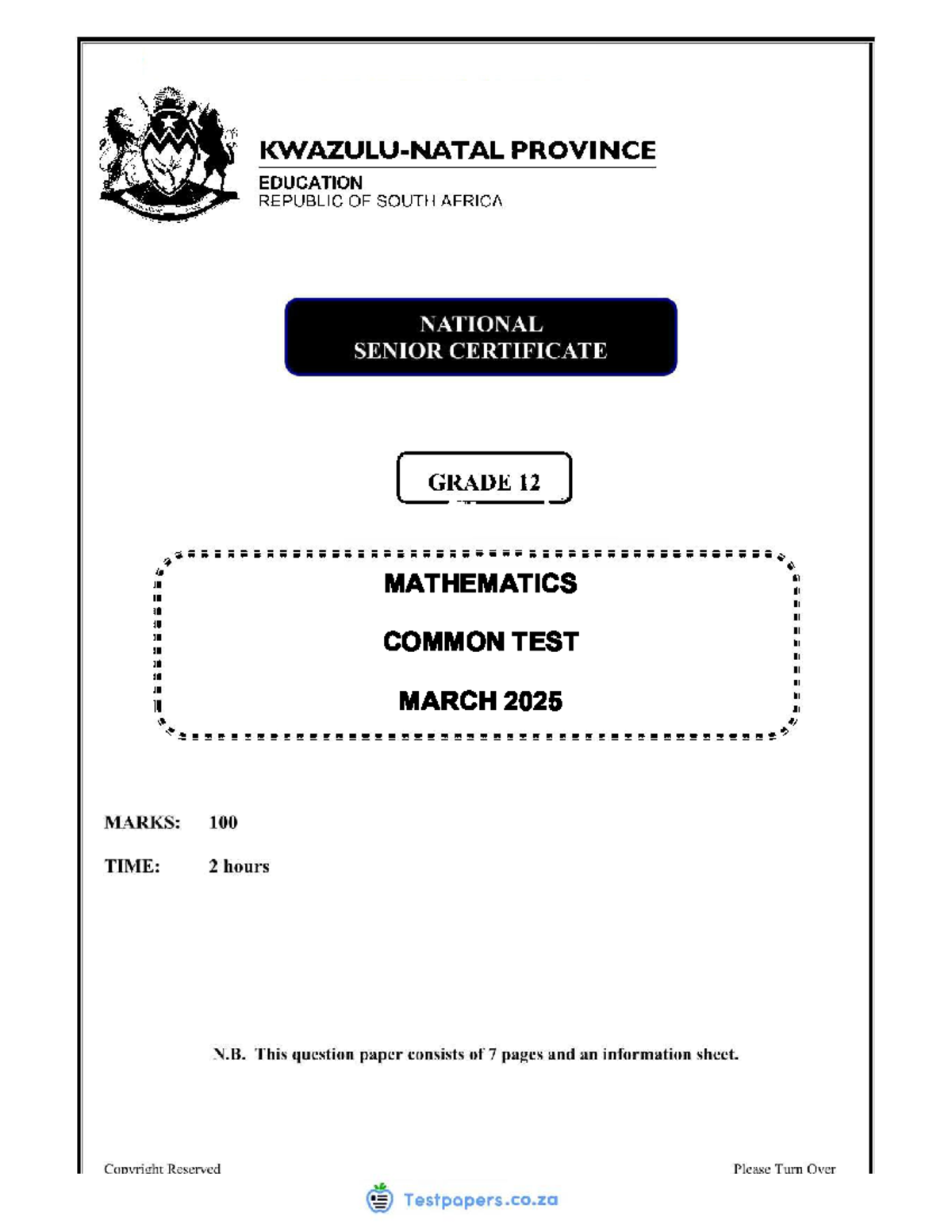 Mathematics Grade 12 Common Test March 2025 Past Paper - Studocu