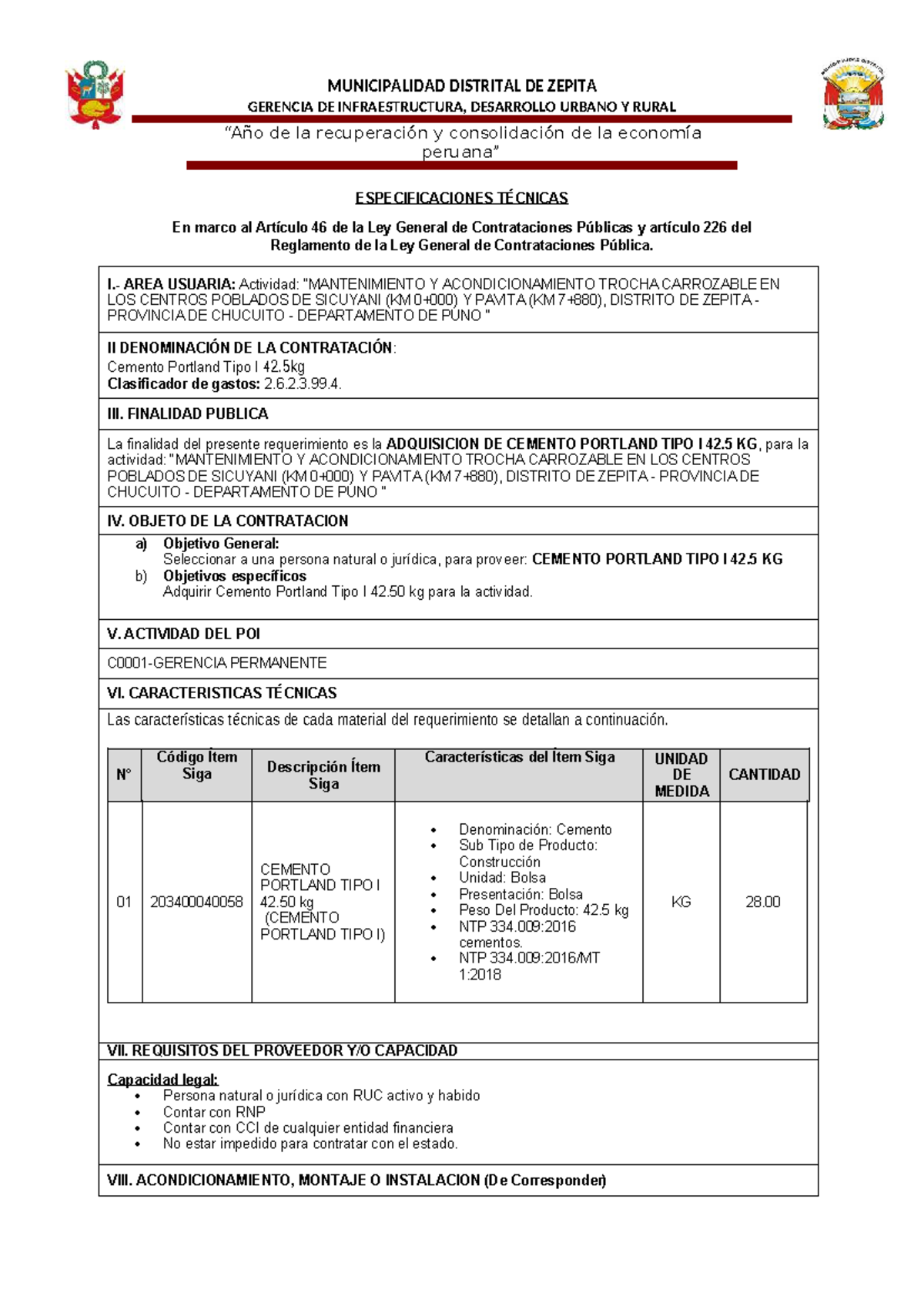 Especificaciones Técnicas para la Adquisición de Cemento Portland Tipo ...