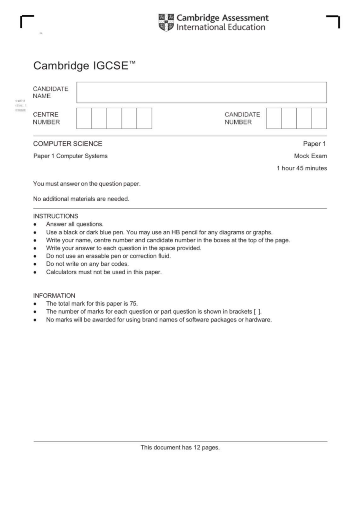 IGCSE Computer Science Paper 1: Comprehensive Exercise Guide - Studocu