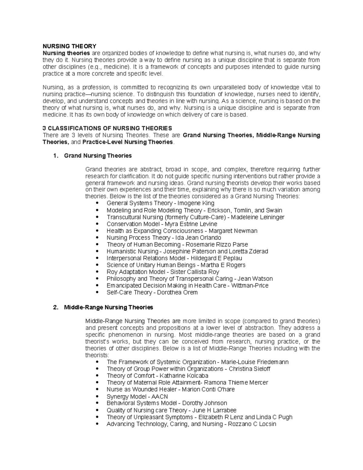 NURS 101: Overview of Nursing Theories and Classifications - Studocu