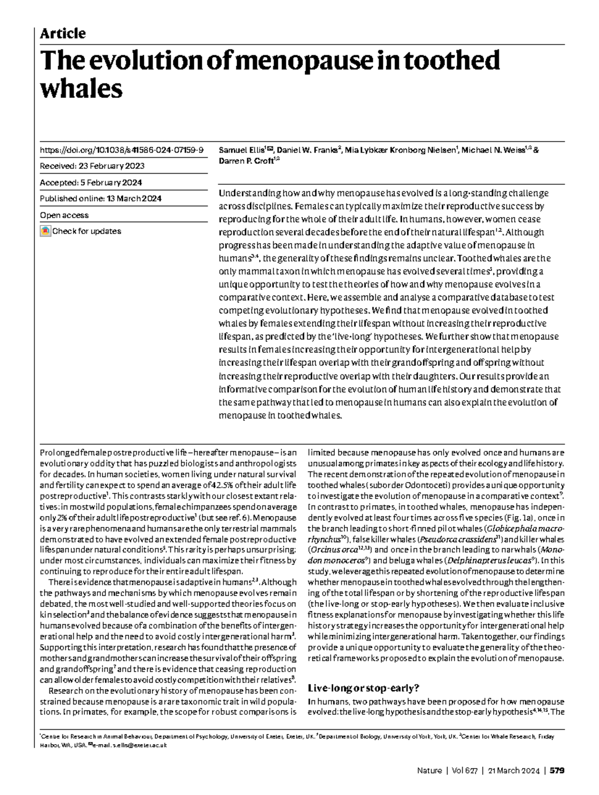 The evolution of menopause in toothed whales: insights and implications ...