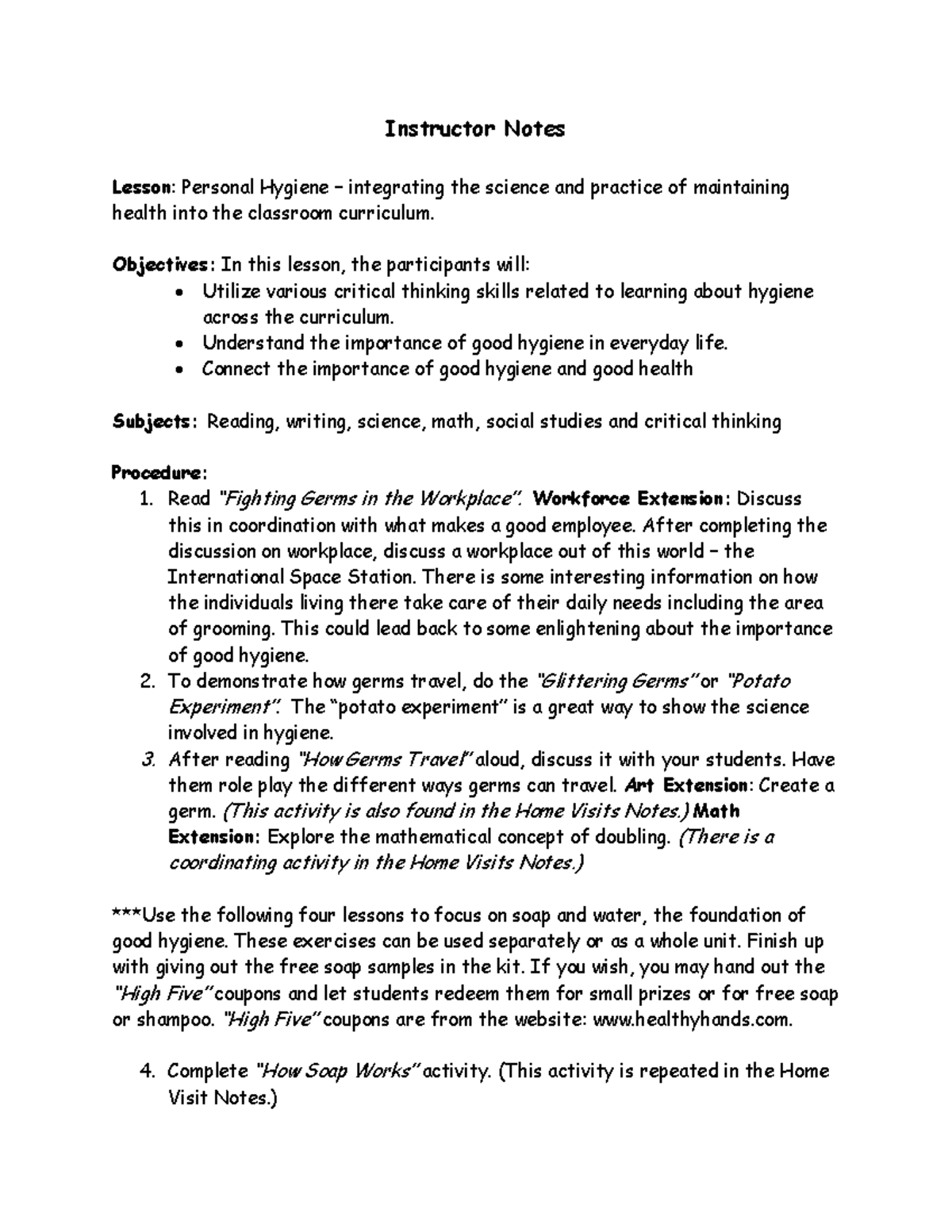Instructor notes - hygiene - Instructor Notes Lesson: Personal Hygiene ...