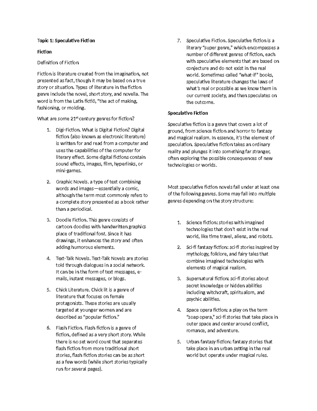Topic 1 - Lecture Notes on Speculative Fiction Concepts - Studocu