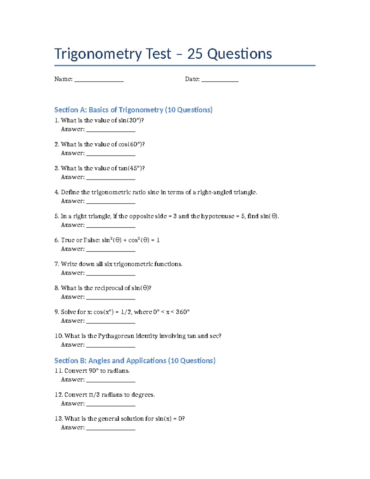 Trigonometry Test: 25 Questions (Basics & Applications) - Studocu