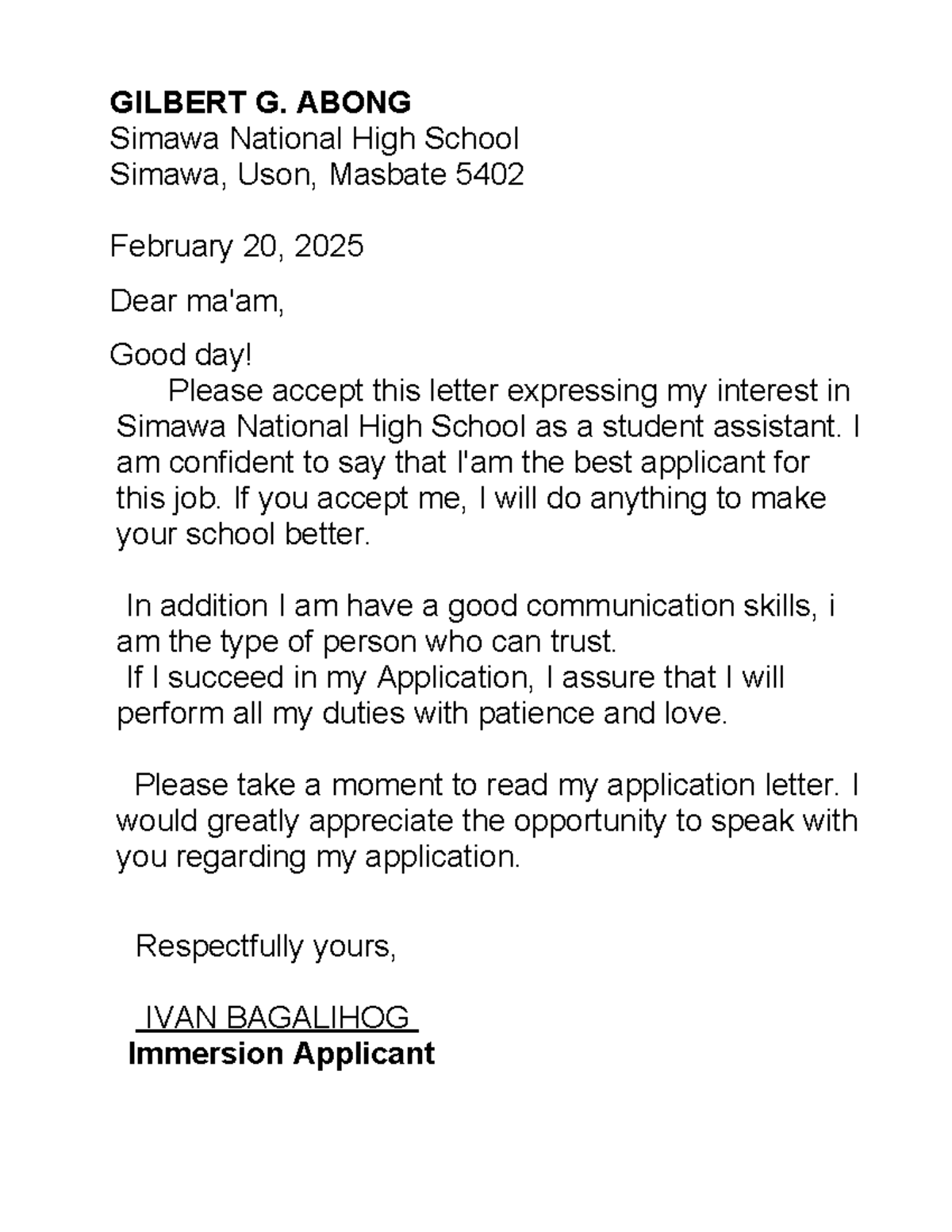 Ivan - Application letter for student assistant position - Studocu
