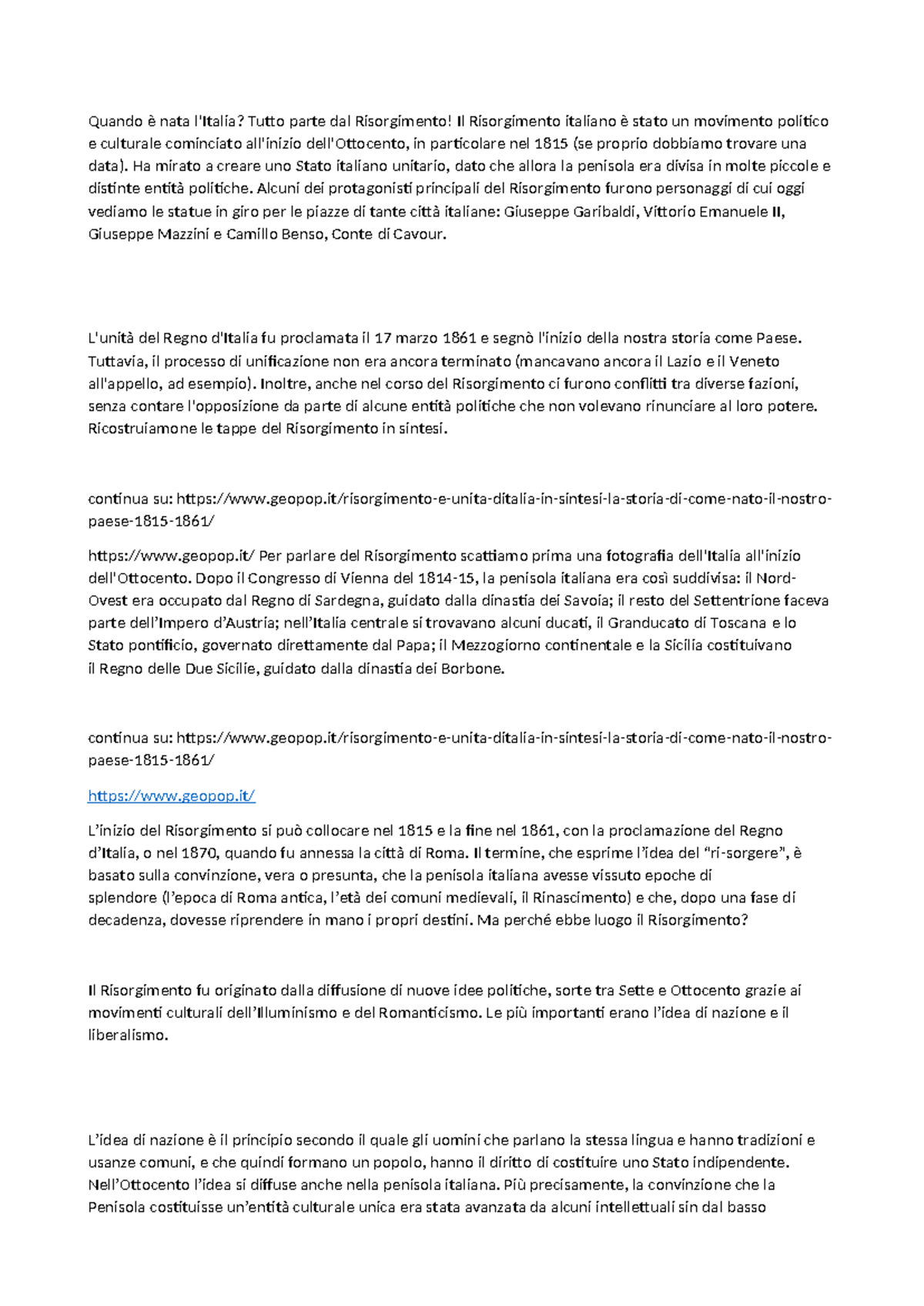 IL Risorgimento: Storia e Tappe dell'Unità d'Italia (1815-1861) - Studocu