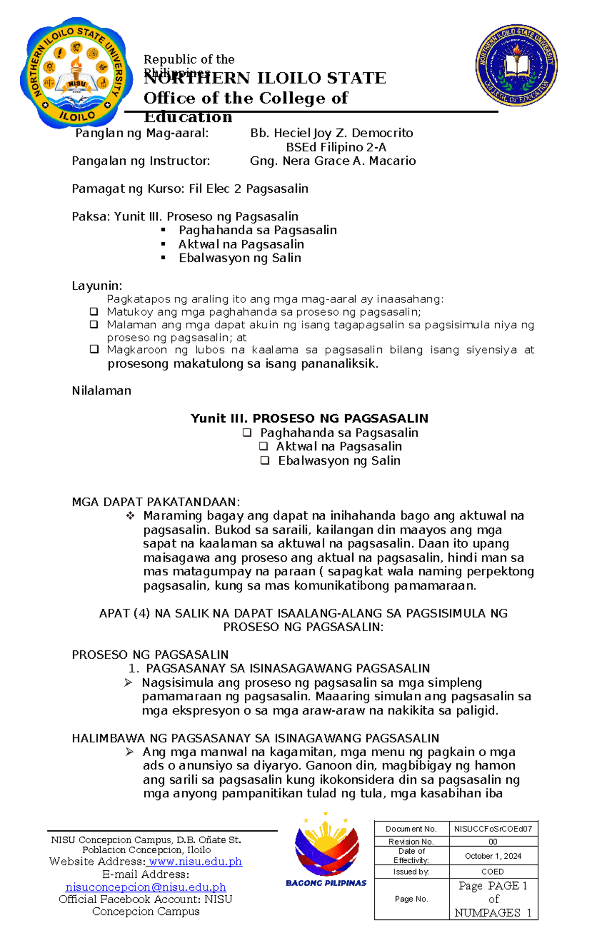 Yunit III Proseso NG Pagsasalin - Republic of the Philippines NORTHERN ...