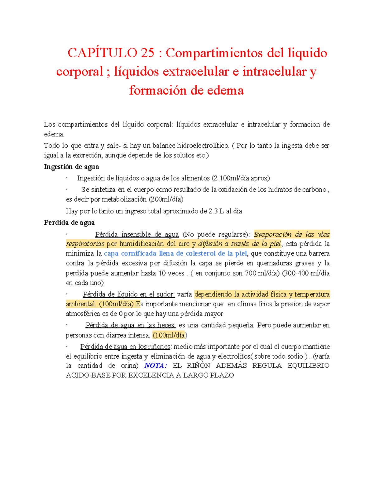 Fisio Renal, parcial 4 - CAPÍTULO 25 : Compartimientos del liquido corporal ; líquidos ...