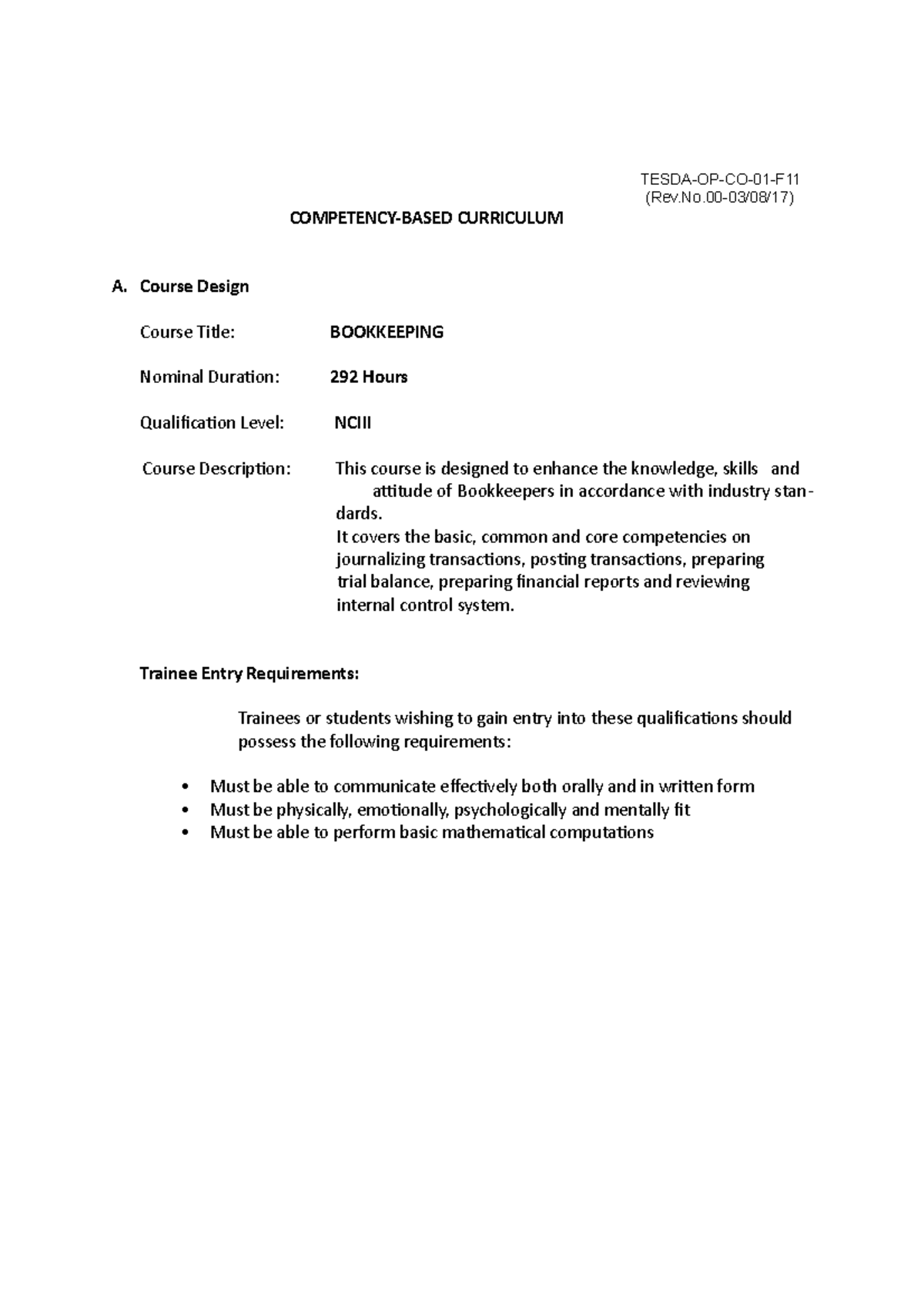 Competency-Based Curriculum for Bookkeeping NC III (Revised) - Studocu