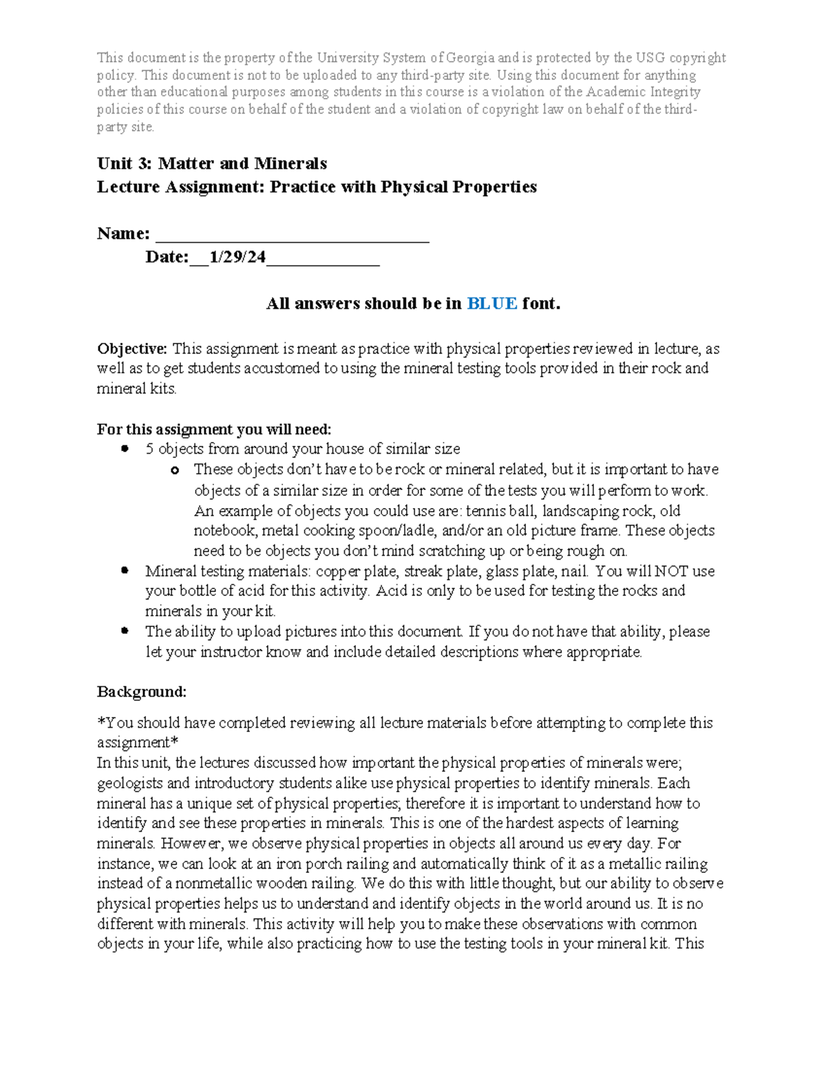 Unit 3 Physical Properties Lab Assignment: Matter & Minerals - Studocu