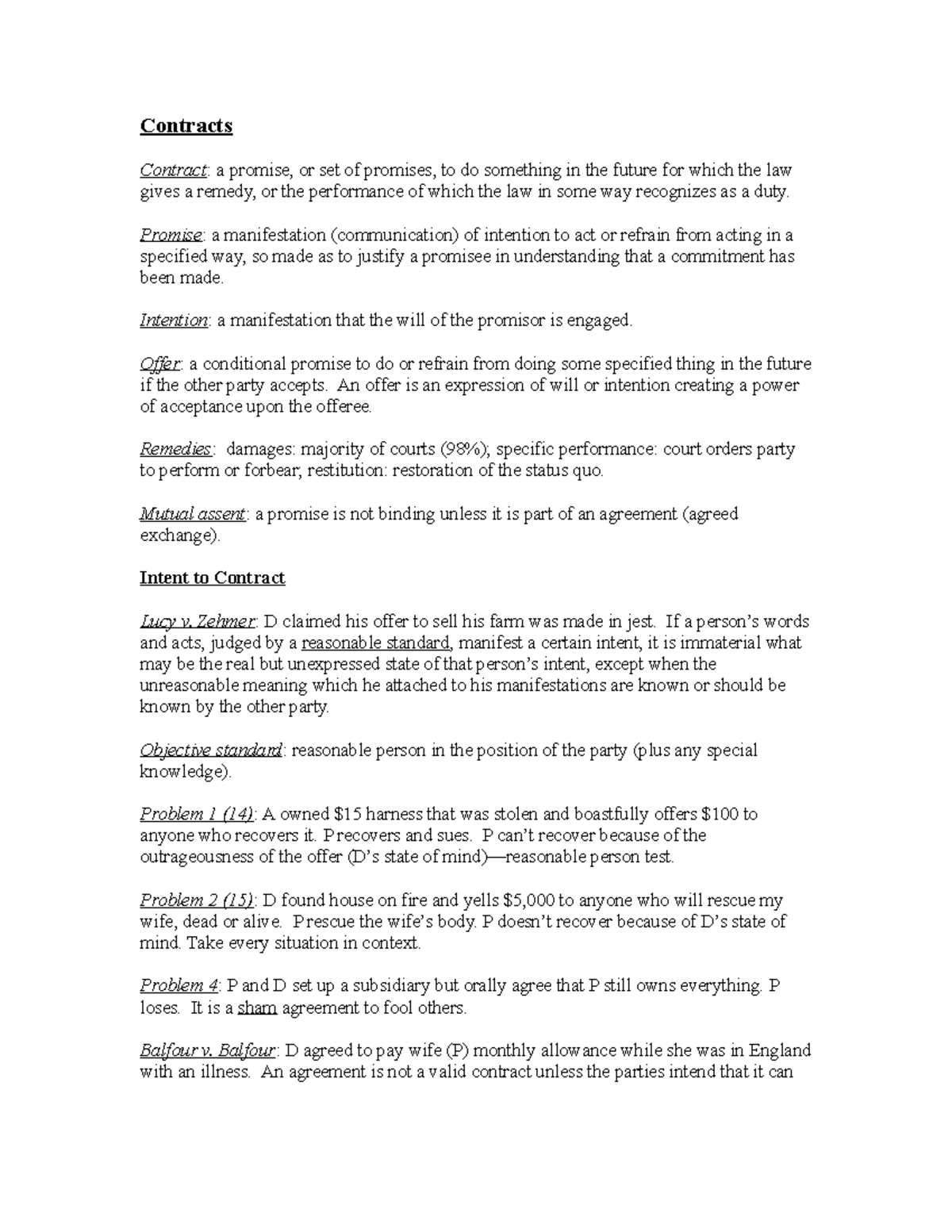 Contracts Law Outline - Key Concepts and Case Examples - Studocu