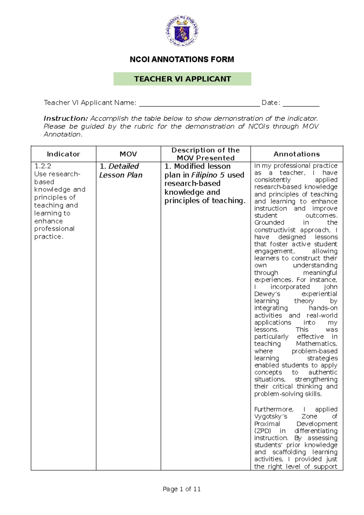 NCOI Annotations Form for Teacher VI Applicant: Professional Practice ...