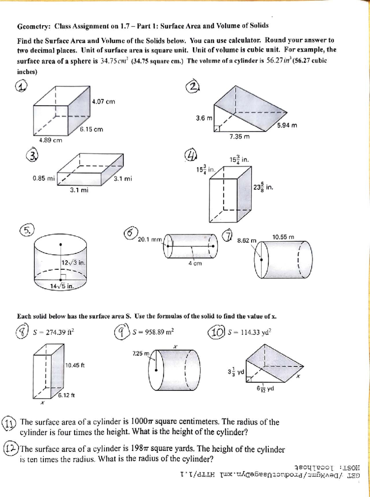 Geometry Class Assignment (1.7): Surface Area & Volume of Solids - Studocu