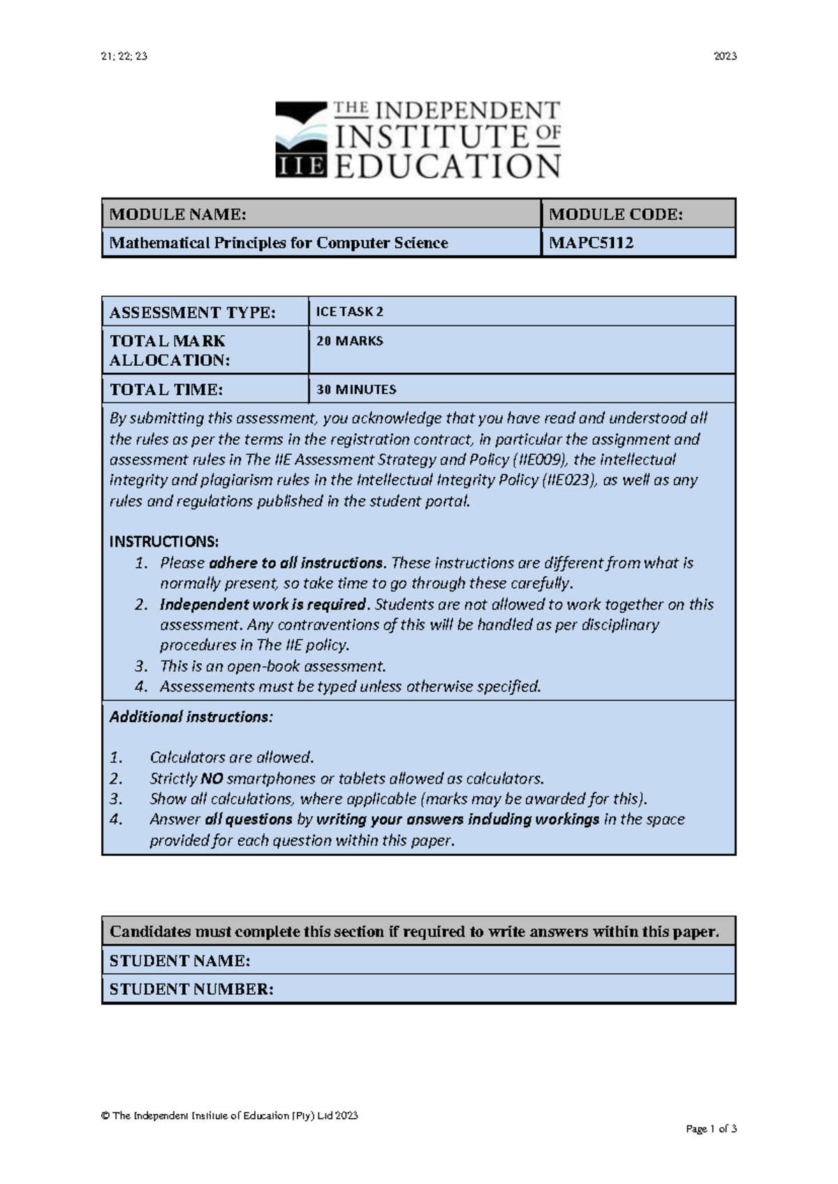 MAPC5112 ICE Task 2 Question Paper - Semester 1, 2023 - Studocu