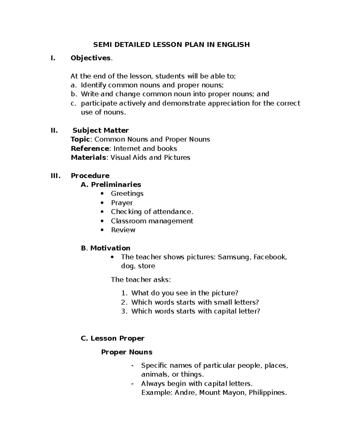 SEMI DETAILED LESSON PLAN: COMMON & PROPER NOUNS (ENG I) - Studocu