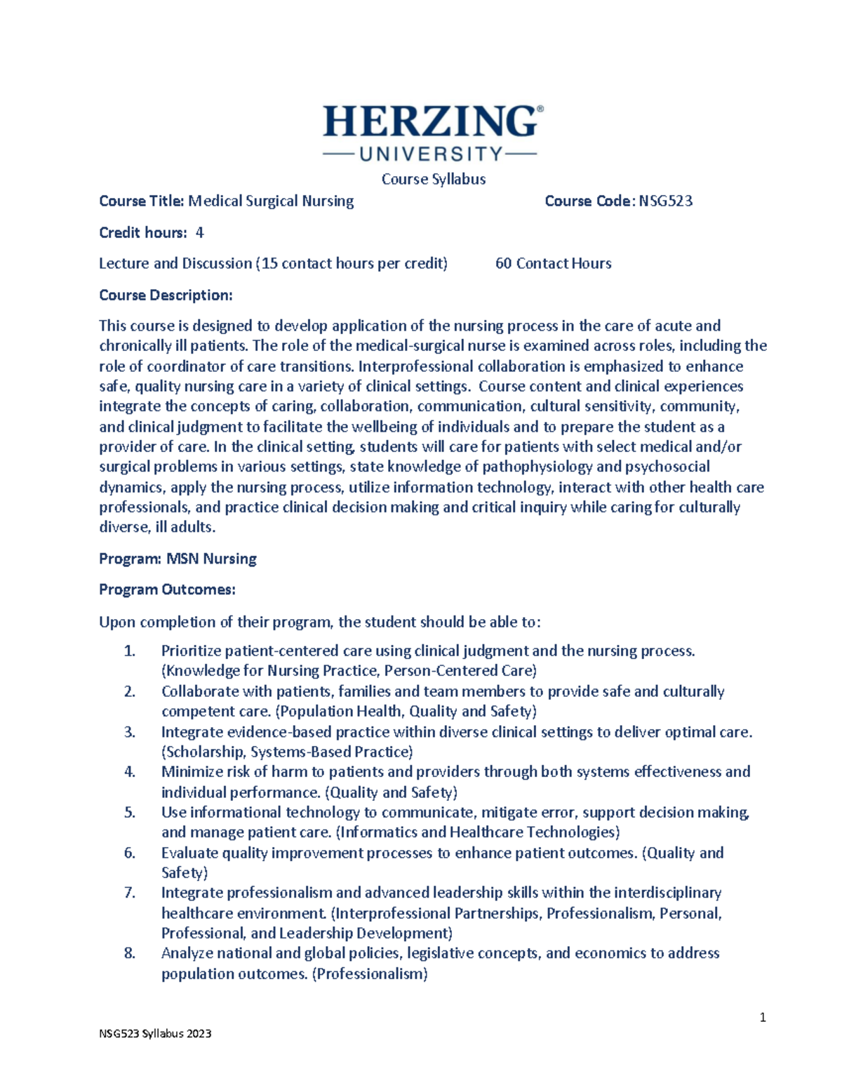 NSG523 Medical Surgical Nursing Course Syllabus and Objectives - Studocu