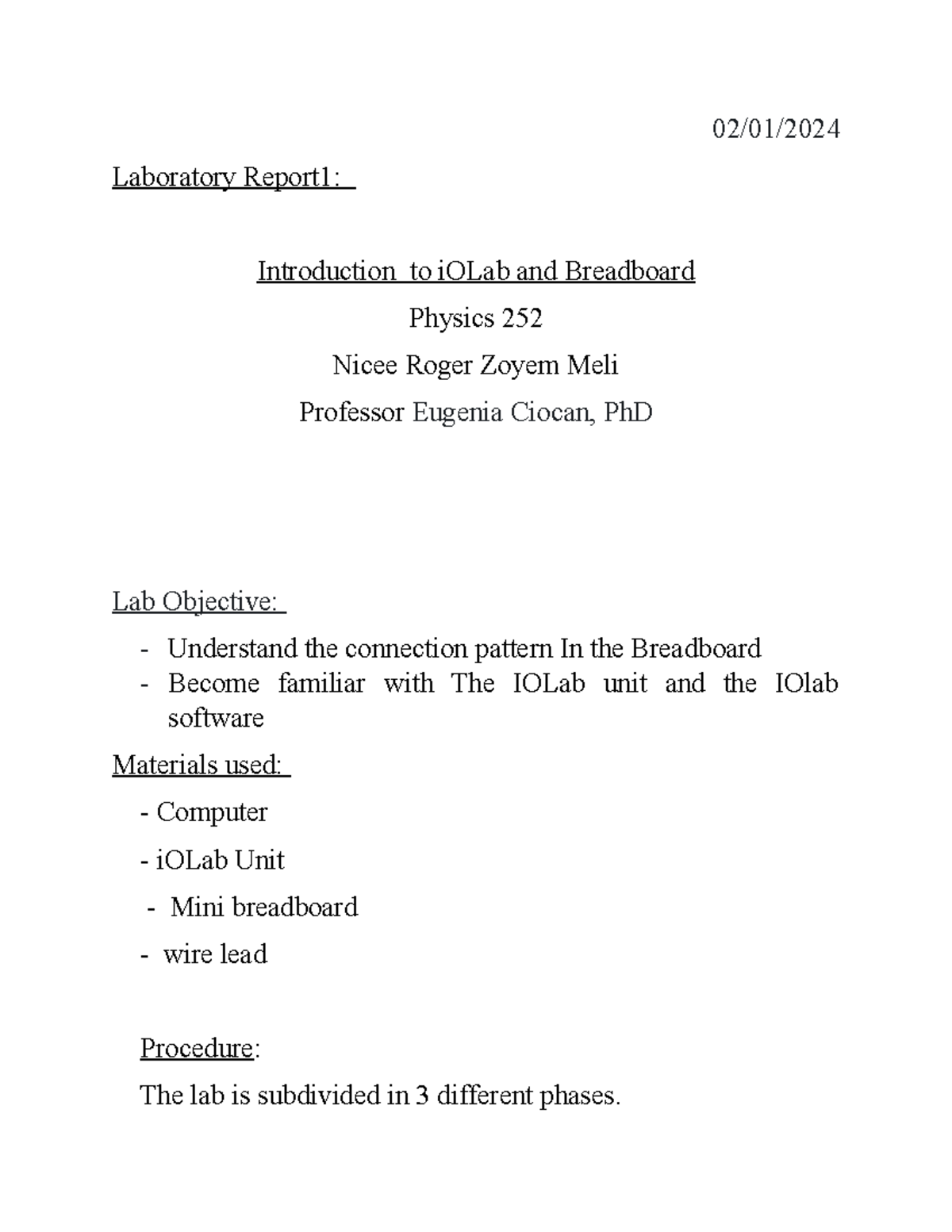 Lab 1 Intro to i OLab and Breadboard - 02/01/ Laboratory Report1 ...