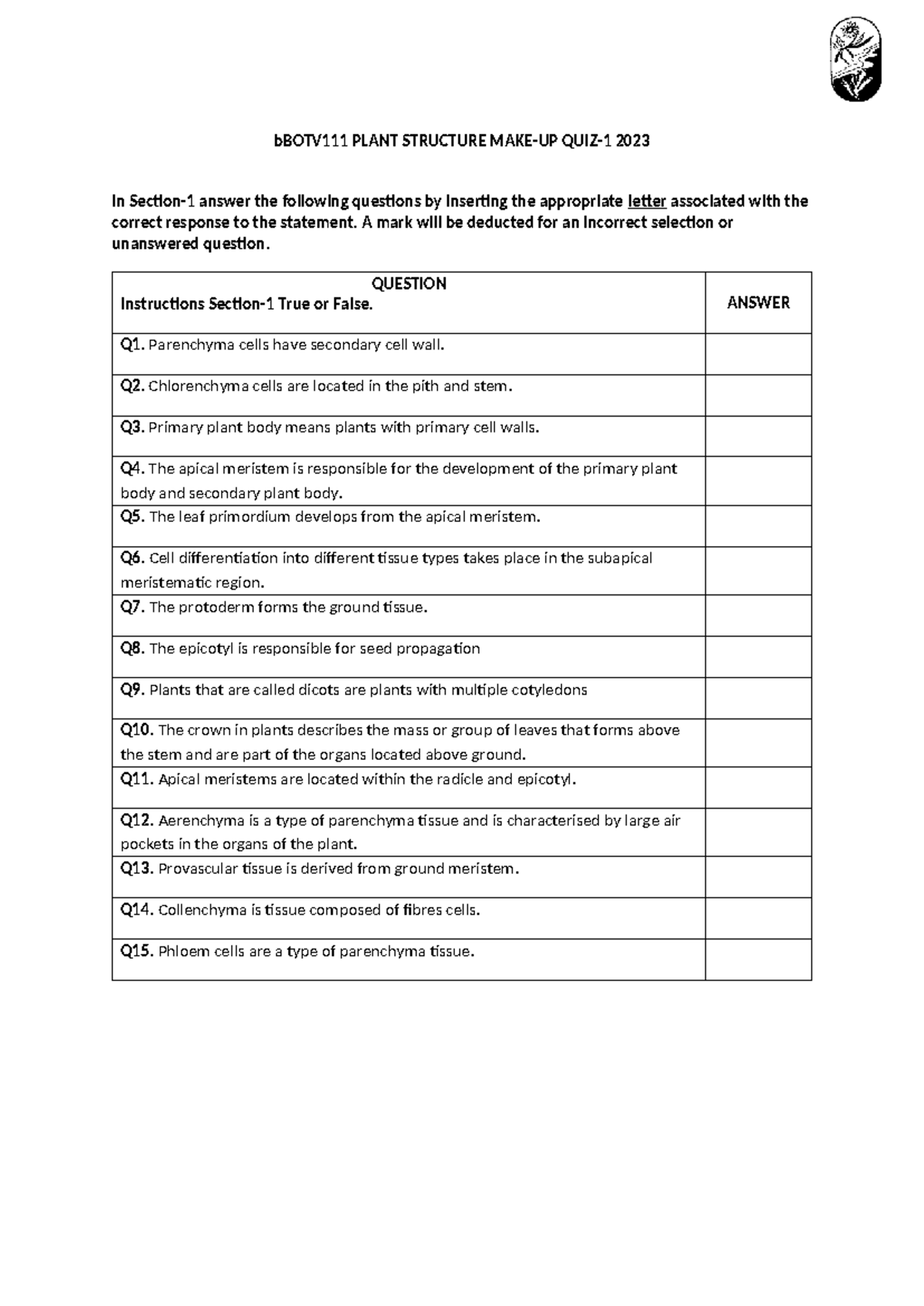 BOTV111 Plant Structure Make-Up Quiz 1: True/False & MCQs - Studocu