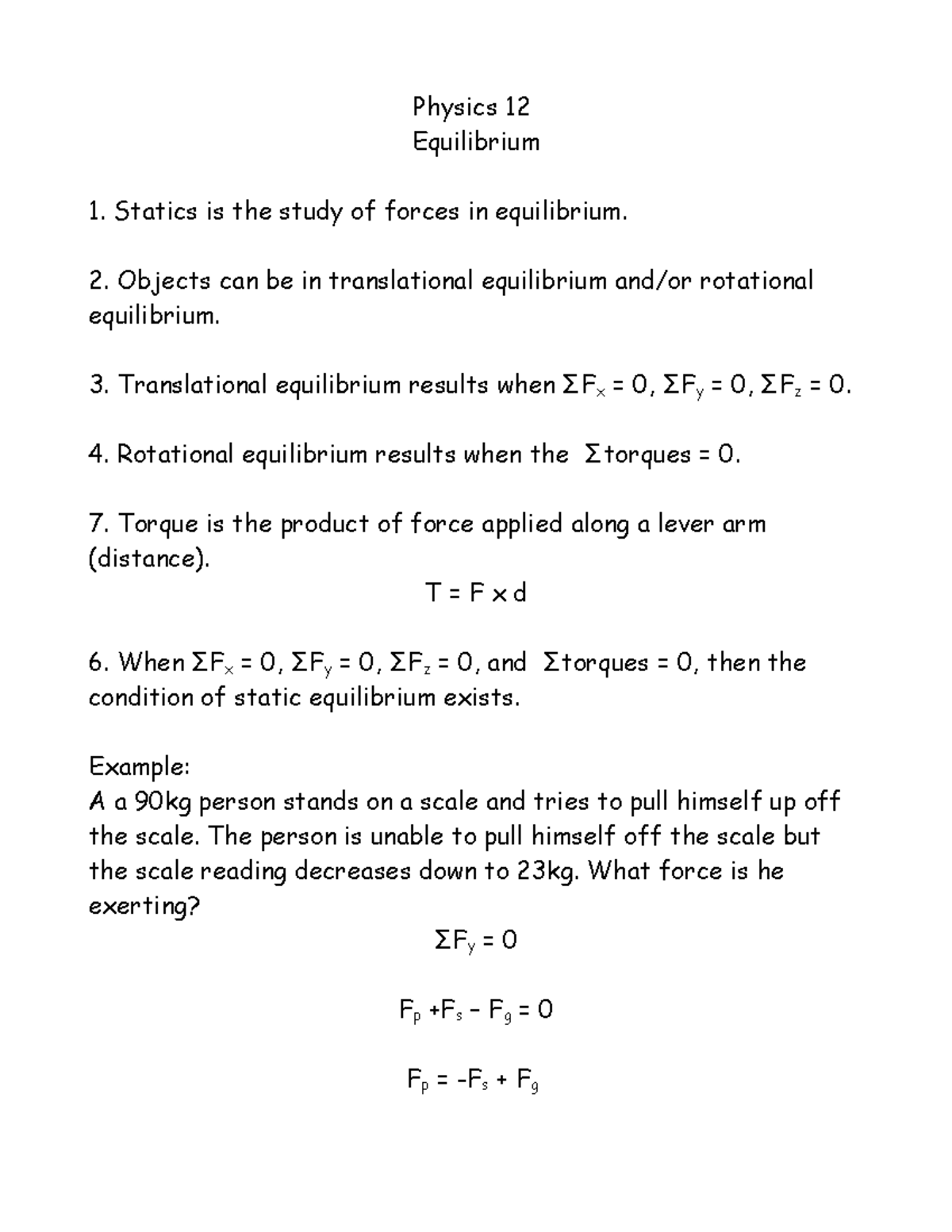 Section 9-1 9-2 9-3 - NSCI6205 - Physics 12 Equilibrium Statics is the ...