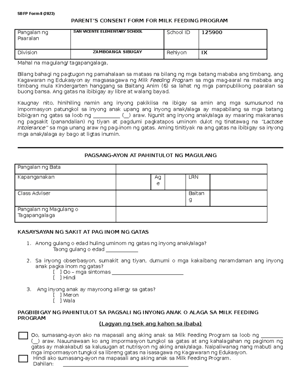 SBFP Form 8: Parent’s Consent for Milk Feeding Program 2023 - Studocu